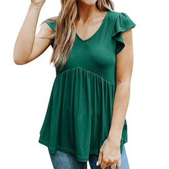 Janly T-shirts femmes des ann&eacute;es 80 Haut d&eacute;t&eacute; pour femme avec col en V Manches &agrave; volants pour une &eacute;l&eacute;gance d&eacute;contract&eacute;e T-shirt design swing T-shirt grandes