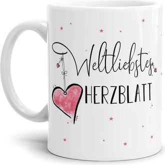 Tassendruck Tasse mit Spruch - Weltliebstes Herzblatt weiblich - Geschenk f&uuml;r Freundin, Partnerin und liebste Frau - Wei&szlig;, 300 ml