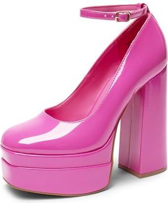 Dream Pairs Escarpins &agrave; talons hauts et bout ferm&eacute; pour femme - Bout carr&eacute; - Sangle de cheville - Chaussures tendance Y2K, Rose vif, 38.5 EU