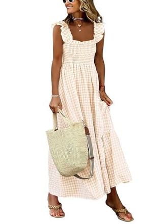 Generic Robe d&eacute;t&eacute; &agrave; carreaux pour femme, robe longue &agrave; smocks avec bretelles spaghetti et bretelles spaghetti, robe trap&egrave;ze fluide pour vacances &agrave; la plage, b