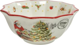 Kaemingk Weihnachtsschale Keramik D. 15cm H. 4,8cm Dolomit mit Weihnachtsmann Weihnachtsbaum weiß rot