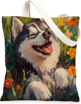 Generic Sac fourre-tout en toile motif chien malamutes du printemps de lAlaska 33 x 38,1 cm, sac d&eacute;picerie r&eacute;utilisable pour femme, animal de compagnie, peint