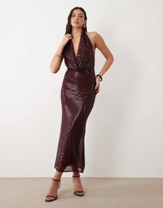 Bardot Nola Pailletten-Midikleid mit tiefem Ausschnitt, Wasserfallausschnitt und R&uuml;ckenausschnitt in dunklem Pflaumenton-ROT