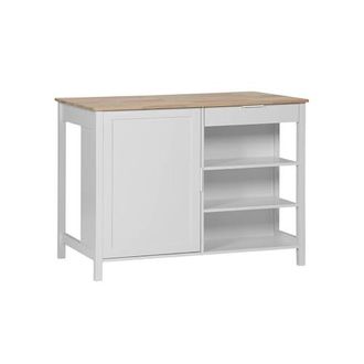 Sweeek Îlot Central de Cuisine MOLENE. Plateau en Bois dhévéa. 120x75cm. Blanc. 5 étagères. 1 Porte. 1 tiroir. L 120 x P 75 x H 90cm