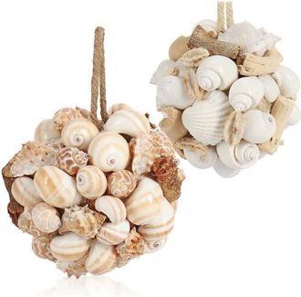 Com-Four 2X d&eacute;co Coquillage Boule Blanc/Motif - d&eacute;coration &agrave; Suspendre - Accessoire de Maison Maritime avec Flair Marin - Boule avec Bois, Coquillages et Boucl