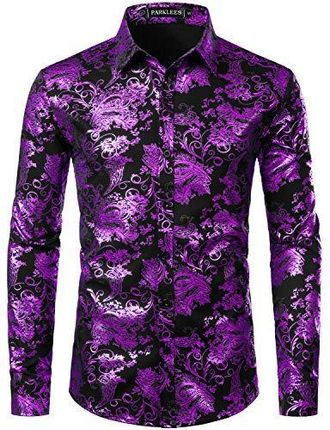 PARKLEES Chemise de luxe pour homme, imprimé élégant, coupe ajustée, boutonnée Motif cachemire doré brillant, noir/violet, XXL