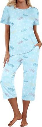 Ekouaer Pyjama Pyjacourt Femme Ete Court T-Shirt Manche Courte et Pantalon Capri Ensemble de Pyjama, Papillon, S