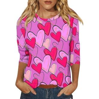 Generic Haut de Saint-Valentin &agrave; manches 3/4 pour femme - T-shirt tendance &agrave; col rond - Motif coeur - Tunique d&eacute;t&eacute; - Chemisier d&eacute;contract&eacute; pour le printemps -