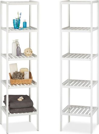 Relaxdays 2 x Bambusregal mit 5 Ablageflächen, hohes Standregal, Holzregal für Küche, Flur und Bad, weiß