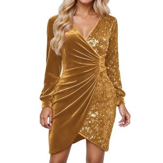 Generico Robe &agrave; paillettes pour femme, courte, col en V, robe &eacute;l&eacute;gante en velours, manches longues, robe de soir&eacute;e, mini ajust&eacute;e, pour f&ecirc;te, robe de cocktail p