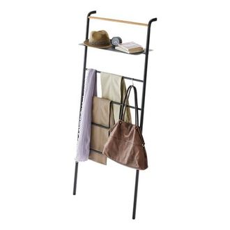 Yamazaki Tableware 3872 Tower Leaning Ladder Hanger with Shelf, Black, Steel/Wood, 66 x 30~38 x 160 cm