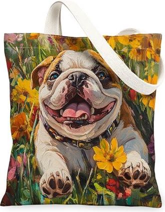Generic Sac fourre-tout en toile motif bouledogue printanier 33 x 38,1 cm, motif fleurs color&eacute;es, sac d&eacute;picerie r&eacute;utilisable pour femme, animal de compagnie, 