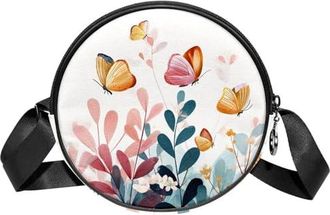 Generic Petit sac &agrave; bandouli&egrave;re rond pour femme, motif feuille de papillon aquarelle avec fermeture &eacute;clair, bretelles r&eacute;glables, sac &agrave; main rond d&eacute;contract&eacute; p