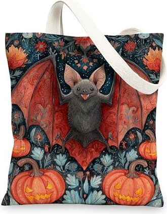 Generic Sacs fourre-tout en toile motif chauve-souris et citrouille, sacs dépicerie réutilisables, légers et lavables à motif floral f, noir, 13x15 Inch
