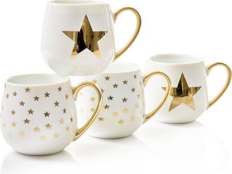 Retsch Arzberg Kaffee- Teebecher GOLD STAR Set 4teilig für 4 Personen/2 Gold-Dekore im Set gemixt/Porzellan/Waterside England by