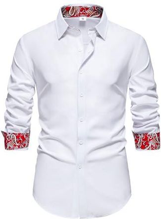 AlltheMen Chemise Luxe Hommes Décontractée Slim Fit Bouton Shirts Classiques Mariage Manches Longues Blanc M