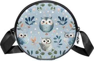 Generic Petit sac &agrave; bandouli&egrave;re circulaire pour femme, motif hiboux, feuilles, sac &agrave; dos avec fermeture &eacute;clair, bretelles r&eacute;glables, sac &agrave; main rond d&eacute;contrac