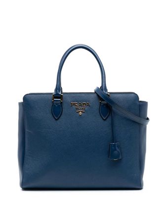 Prada petit sac &agrave; main Zippered Tote en cuir Saffiano bord&eacute; de cuir de veau (2010-2025) - Bleu