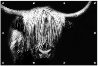 Wallario Outdoor-Poster f&uuml;r Garten oder Balkon Highlander in schwarz-wei&szlig;, Motivbanner Gr&ouml;&szlig;e: ca. 80 x 120 cm, Outdoor-Bild