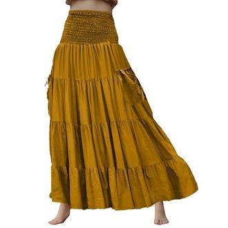 Generic Jupe longue d&eacute;contract&eacute;e boh&egrave;me taille haute pour femme - Jupe longue tendance &agrave; motif floral mignon avec poches - Robe d&eacute;t&eacute; boh&egrave;me pour vacances &agrave; la