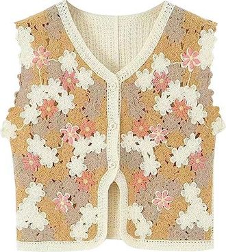 Generic Gilet en tricot sans manches pour femme - Couleur contrast&eacute;e - Style d&eacute;contract&eacute; - Motif floral, Orange, Taille unique