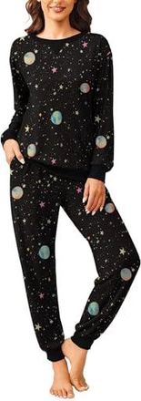 Ekouaer Pyjama Long pour Femme Ensemble Pyjama à Manches Longues Vêtements de Nuit 2 Pièces Hiver Carreaux Col Ronde Vêtements de Détente Loungewear avec Poch