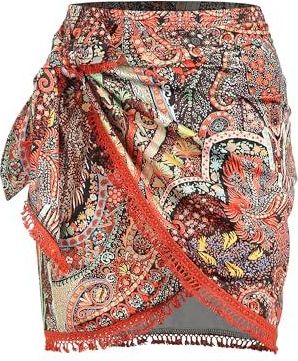 Zaful Jupe fendue pour femme - Imprimé bohème - Cravate latérale - Jupe portefeuille avec pompon - Mini jupe de plage décontractée, 1-orange, L