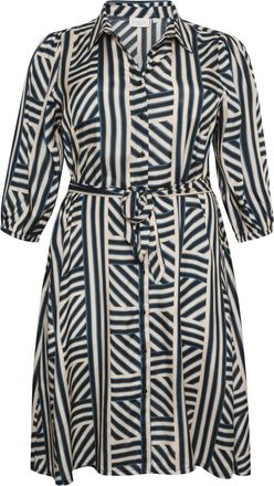 Kaffe Curve Kleid KCfia Kleid Große Größen 3/4 arm mit Gürtel Knielang Print Shantoon Sand Dollar Graphic Stripe 42