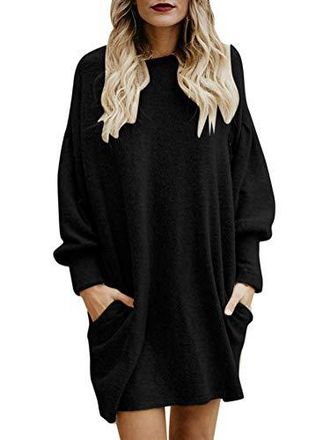 Minetom Femme Robe Pull El&eacute;gant Tricot Col Rond Manche Longue Mode Solide en Vrac Hiver Toison Mini Dress Chandail Robe Sweater Tunique Noir FR 44