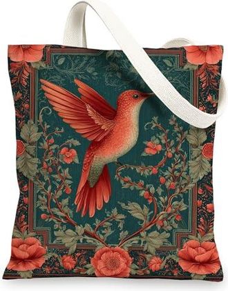 Generic Sacs fourre-tout en toile motif oiseau floral vintage botanique légers réutilisables pour voyage, plage, salle de sport, bleu sarcelle, 13x15 Inch