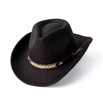 Generic Chapeau de cowboy occidental avec style ethnique en laine &agrave; bord moyen pour ext&eacute;rieur et d&eacute;contract&eacute;, Noir, Taille unique