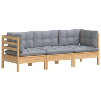 vidaXL Canap&eacute; 3 places de jardin et coussins gris Bois de pin solide vidaXL