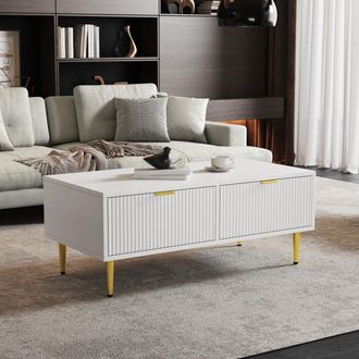 Generic Moderner Couchtisch Wei&szlig; mit goldenen Akzenten, 2 Schubladen, vertikales Streifendesign, 100x50x40 cm, Metallbeine, Elegantes Wohnzimmer M&ouml;belst&uuml;ck, S