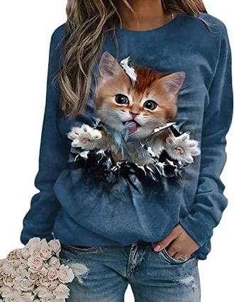 ORANDESIGNE Femme Sweatshirts Imprim&eacute; Chat Pullover Sweatshirt Top Manches Longues Col Rond T-Shirt L&eacute;ger Casual Sweat-Shirt Imprim&eacute; Animal Grande Taille Sweat sa