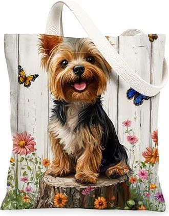 Generic Spring Yorkies Sac fourre-tout en toile r&eacute;utilisable pour faire du shopping 33 x 38,1 cm, motif floral en bois pour femme, animal de compagnie, d&eacute;cora