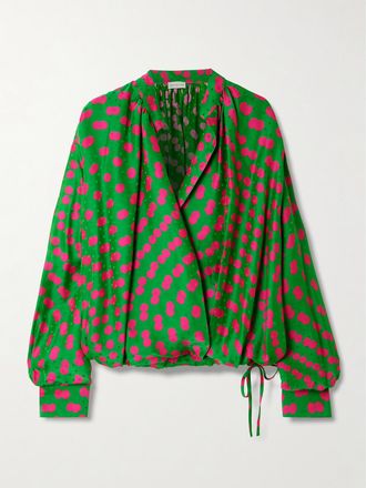 Dries Van Noten Blouse Cache-coeur En Satin Jacquard &Agrave; Pois - Vert