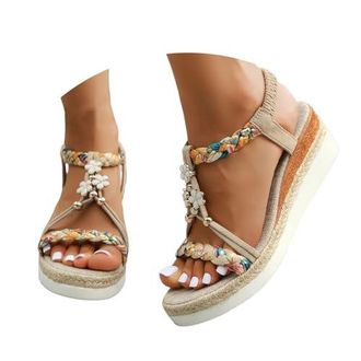 Generic Sandales compensées à large largeur pour femme, sandales dété habillées à bout ouvert et perles pour femme, chaussures de marche vintage antidérapante