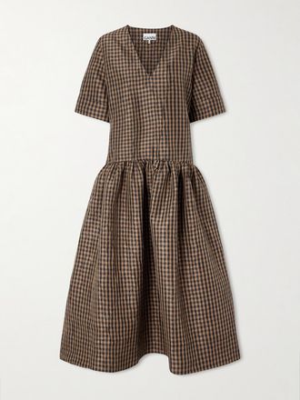 Ganni Midikleid Aus Recyceltem Taft Mit Gingham-karo In Knitteroptik - Braun