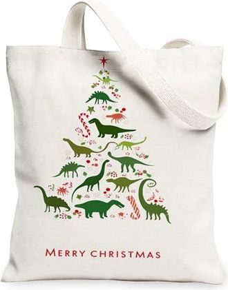 Generic Sacs fourre-tout en toile motif dinosaures de No&euml;l, sacs d&eacute;picerie r&eacute;utilisables, l&eacute;gers et lavables avec bandouli&egrave;re, blanc, 13x15 Inch