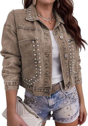 Generic Veste en jean courte pour femme avec rivets, style d&eacute;contract&eacute;, manches longues, clout&eacute;e, d&eacute;lav&eacute;e, l&eacute;g&egrave;re, id&eacute;ale pour le printemps et lautomne, kaki,