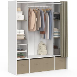 IDMarket Dressing double penderie DIANE 140 x 45 x 167 cm blanc avec &eacute;tag&egrave;res + boites de rangement + rideau taupe