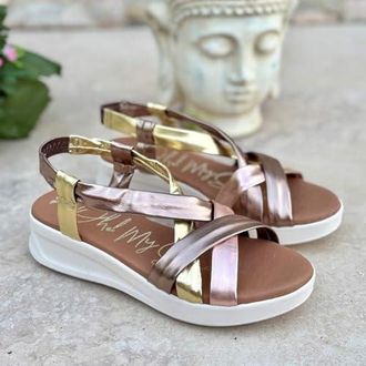 OH! MY SANDALS 5655 Sandales compens&eacute;es en cuir m&eacute;tallis&eacute; pour femme - Cuir, mousseux, 40 EU