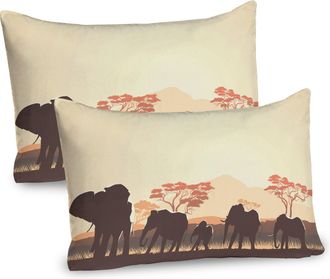 Abakuhaus Afrika Kissenbezug Packung mit 2, Motiv Elefanten Familie und Herde bei Sonnenuntergang Afrika Safari Druck, Dekorativer Standard Gedruckter Kissenbez