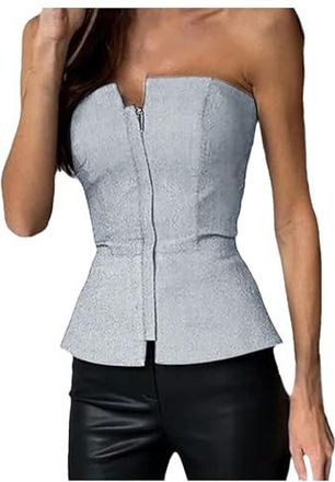 Generic Haut tube &agrave; fermeture &eacute;clair pour femme - Bandeau sans bretelles - Haut tendance d&eacute;t&eacute; &agrave; &eacute;paules d&eacute;nud&eacute;es - V&ecirc;tements tendance color&eacute;s &agrave; &eacute;paules d&eacute;nud&eacute;