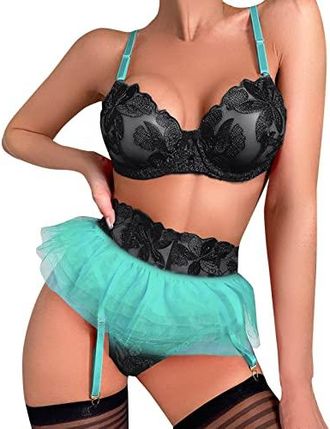 Generic Ensemble de 3 pi&egrave;ces soutien-gorge sexy pour femme avec bride en maille et porte-jarretelles avec broderie &agrave; armatures, Vert, XL