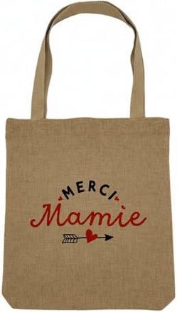 Fabulous Sac Shopping Tote Bag Aspect Lin - Merci Mamie Amour Coeur Grand-M&egrave;re - Sac de Courses Toile Epaisse 360g Beige Naturel Cabas Port&eacute; Epaule Solide Impr