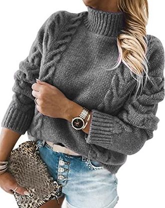 ORANDESIGNE Pull Femme Tricot Manches Longue Jumper Chandail Pull Unie Col Roul&eacute; Blouse Tricot&eacute; Chaud Chic Hauts Top B Gris XS