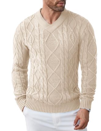 Coofandy Herren Pullover V-Ausschnitt klassischer Zopfmuster Pullover Winter Lässige Designer Pullover Männer Hautfarbe M