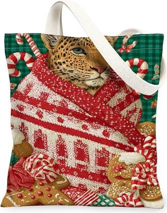 Generic Sacs fourre-tout en toile motif l&eacute;opard de No&euml;l, sacs d&eacute;picerie r&eacute;utilisables, vintage, l&eacute;gers et lavables, pour voyage, pique-nique, Rouge, 13x15 Inc