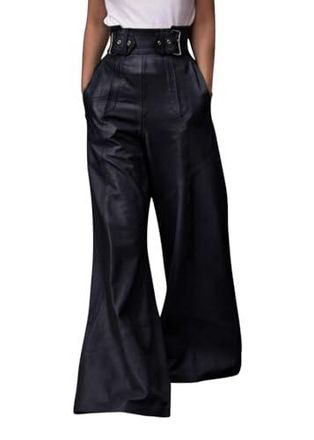 Onsoyours Pantalon en Cuir Femmes Taille Haute Vintage Mode PU Pantalon Jambes Larges Similicuir Pantalon avec Poches Ample D&eacute;contract&eacute; Outdoor Festival Sexy Pa